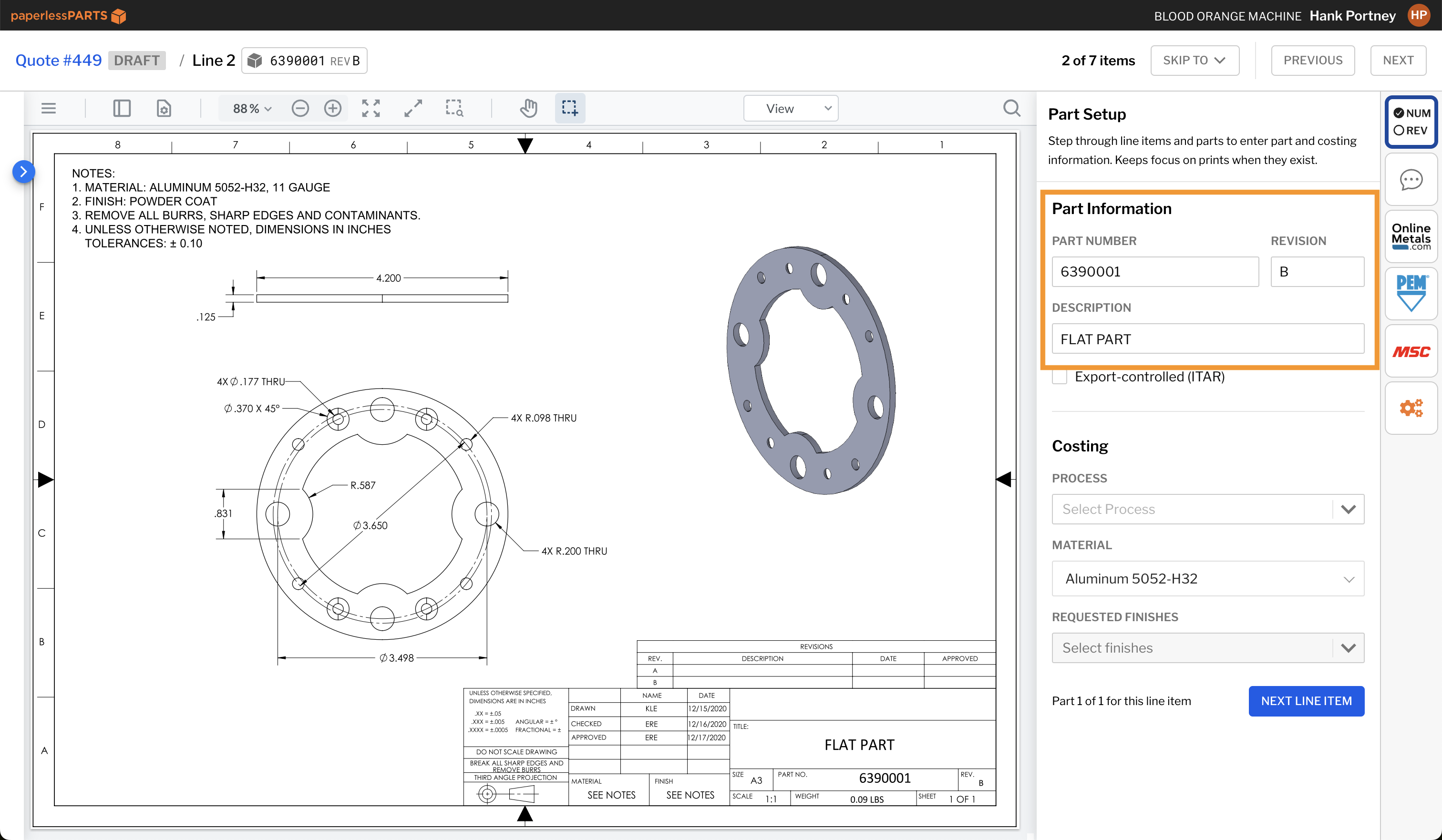 Entering part number, revision, and description