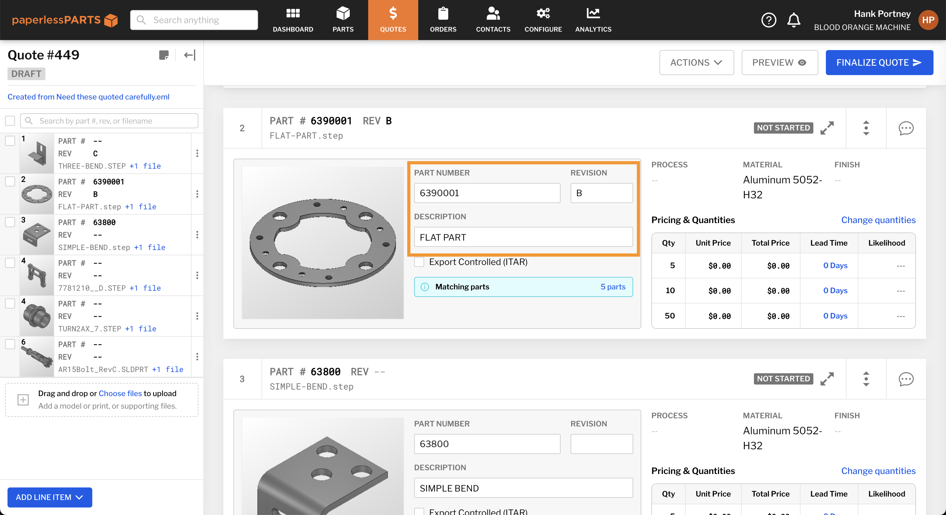 Entering part number, revision, and description