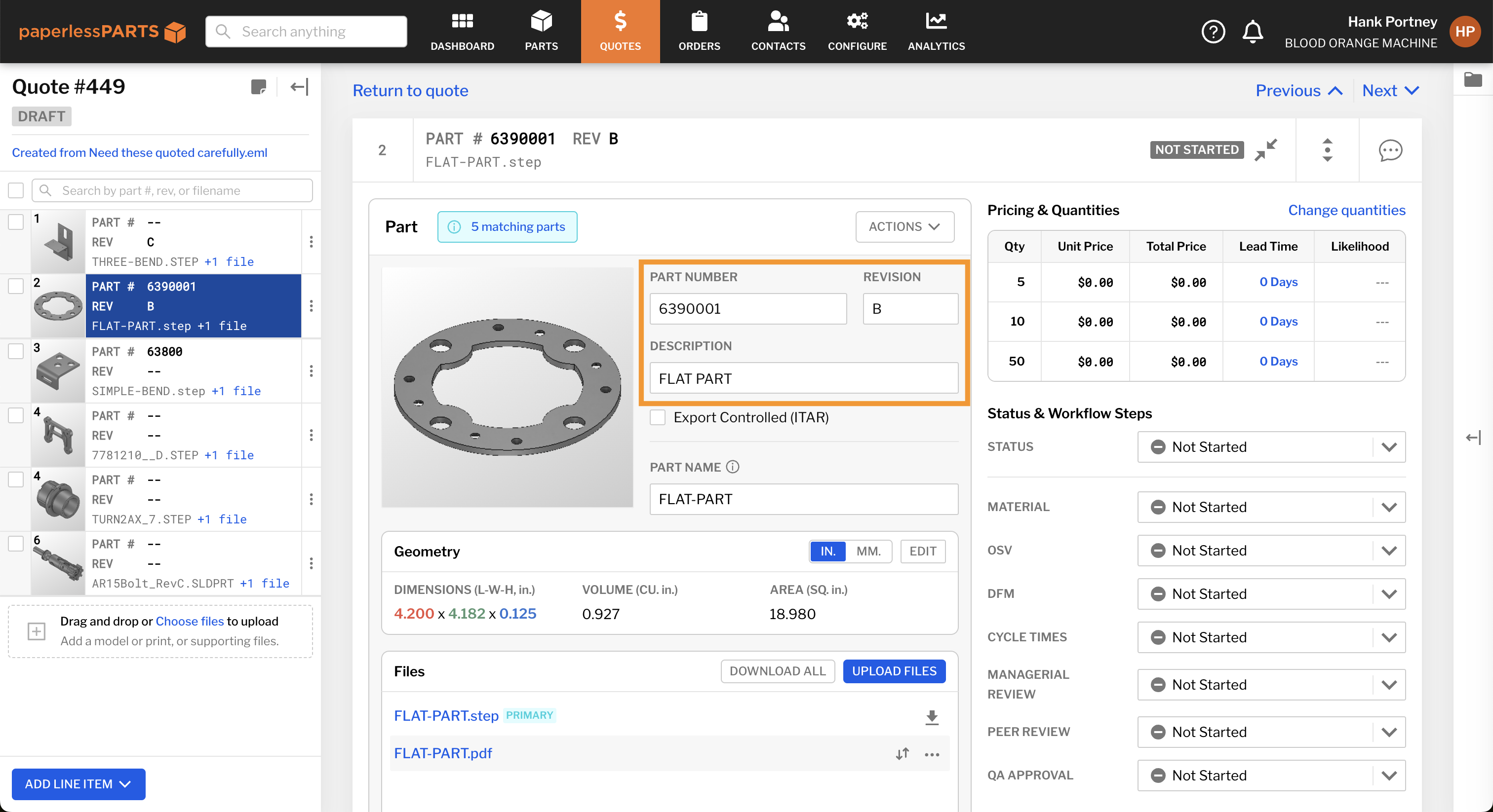 Entering part number, revision, and description