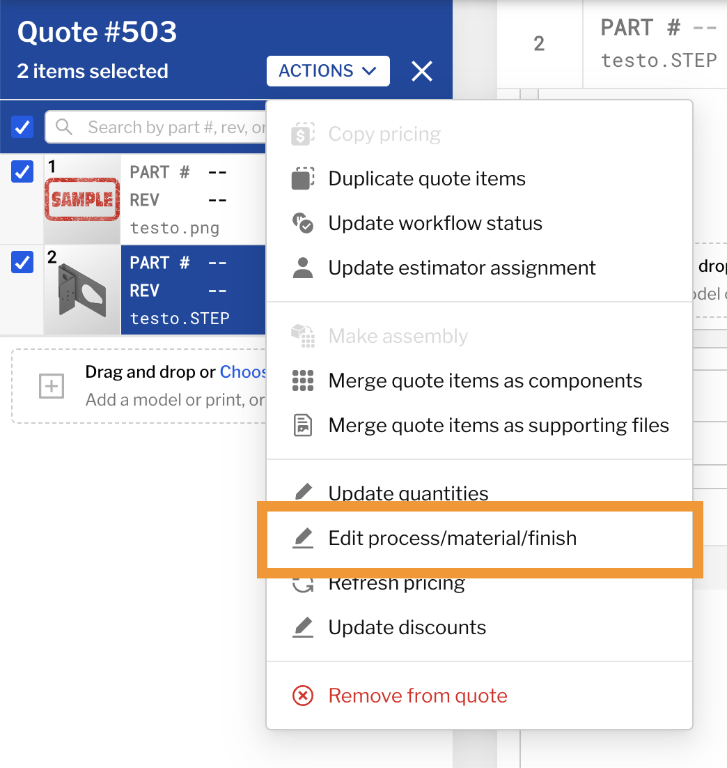 Assigning a process, material, and finish